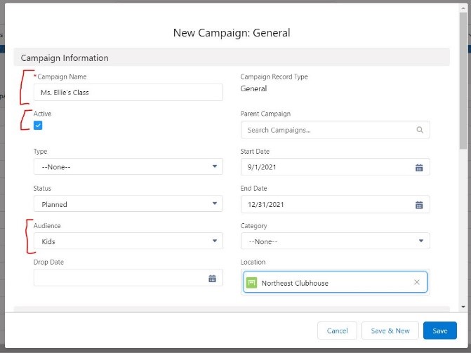 Contact Management: How to create a campaign to create a group of kids ...