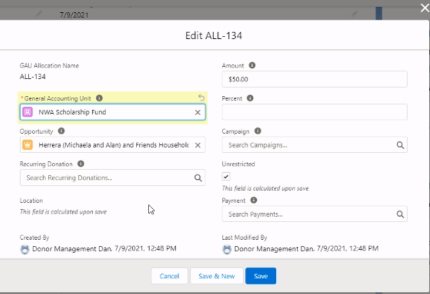 Single Gift Entry: Donation using New Opportunity