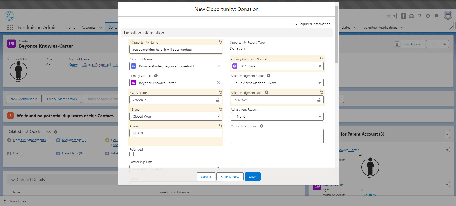 Single Gift Entry: Donation using New Opportunity