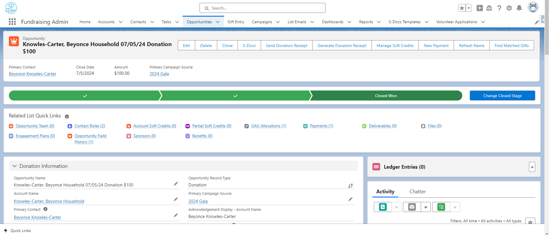 Single Gift Entry: Donation using New Opportunity
