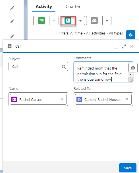 Logging a Call on a Contact Record